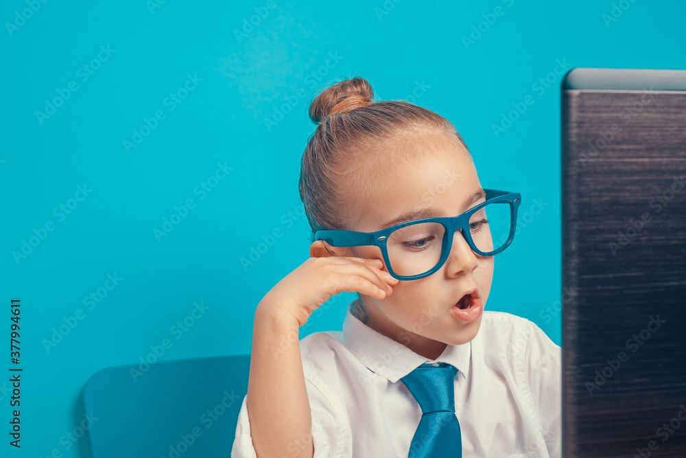 Beautiful cute little girl as businesswoman with eyeglasses and tie ...