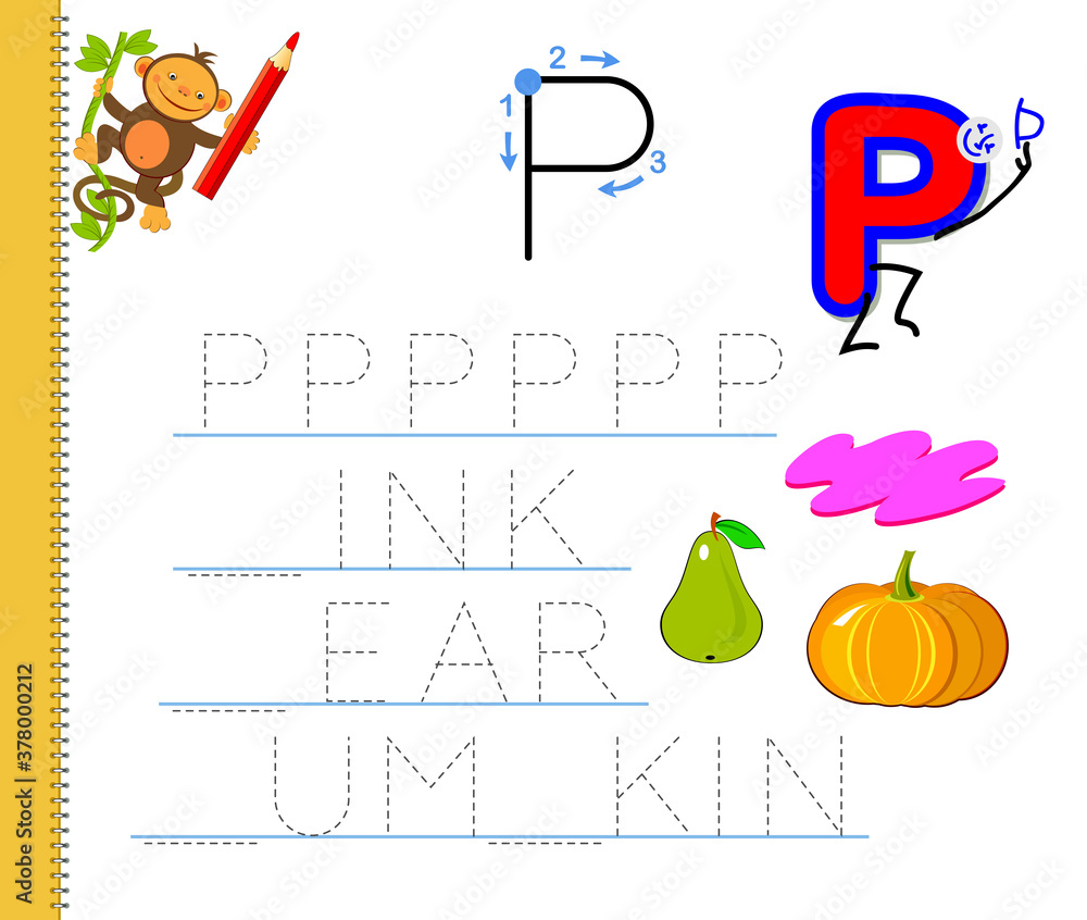 Learn to trace letter P. Study English words. Worksheet for children ...