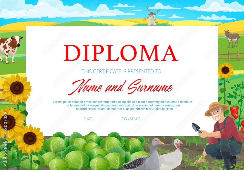 School or kindergarten diploma, vector certificate with farmer working ...