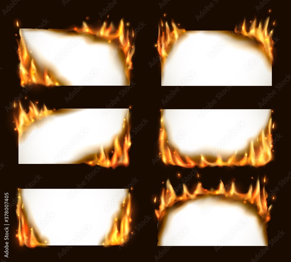 Burning paper banners, vector blank pages with fire tongues and sparks ...