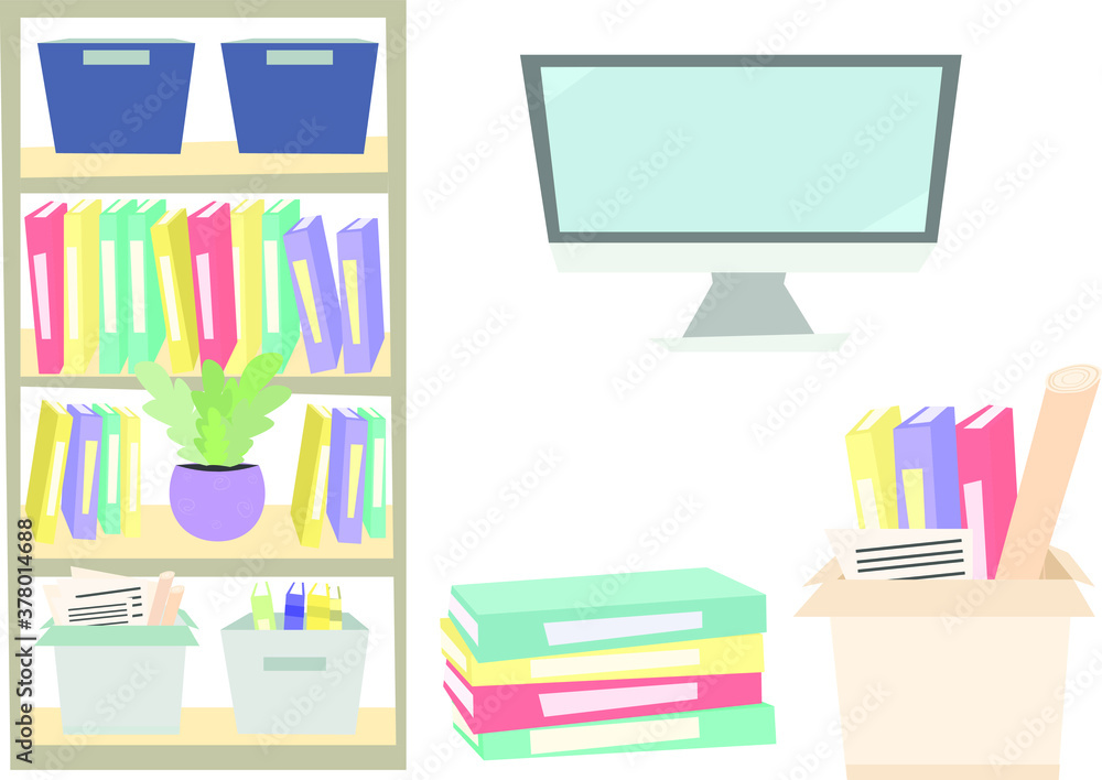 Office work, education, bookshelf. Flat cartoon style vector ...