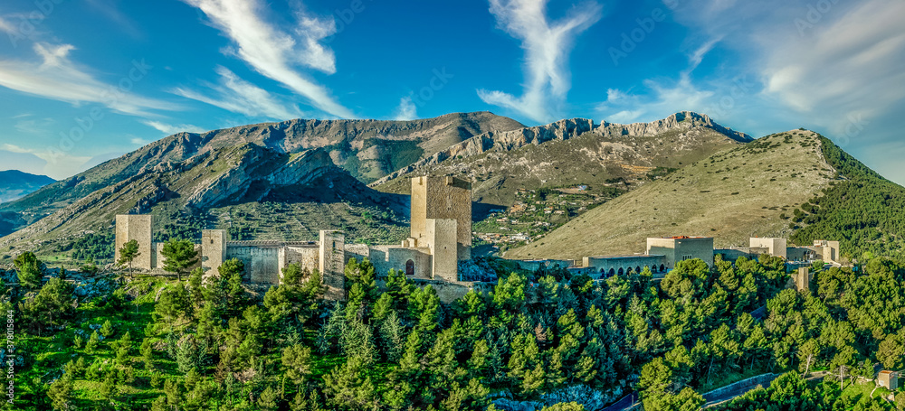 Medieval Gothic Jaen castle with square towers, donjon on a hilltop ...