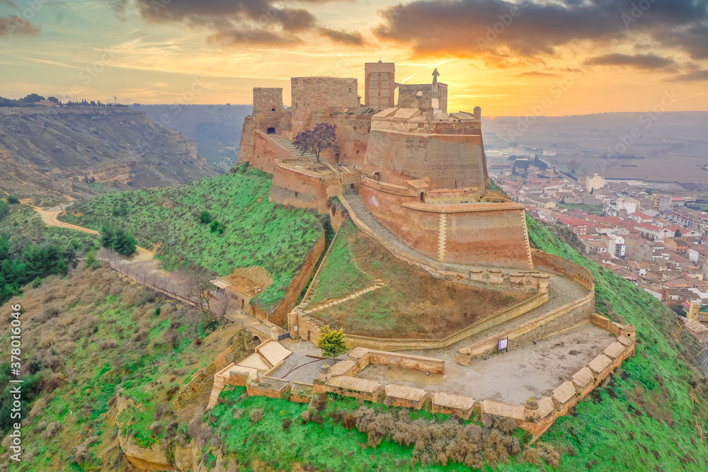 Aerial view of the castle of Monzon in Aragon Spain, built by the Arabs ...
