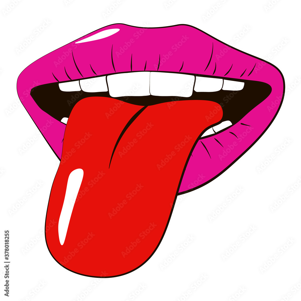 Vector illustration. Woman pink lips with tongue isolated on white ...