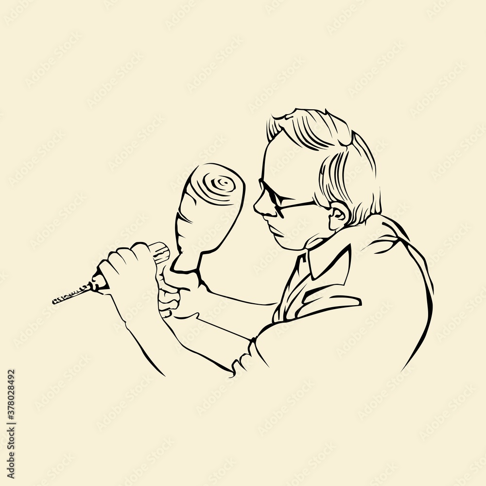Artisan Crafting Outline Drawing Illustration of a Man working on Wood ...