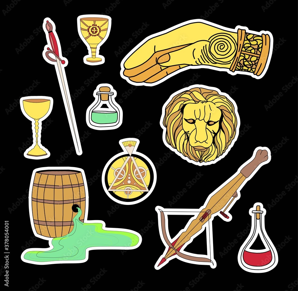 Magic stickers. Wild fire, crossbow, old scroll. The head of a golden ...