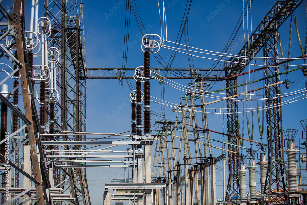 Distributive substation of power generating plant. Equipment, wires ...