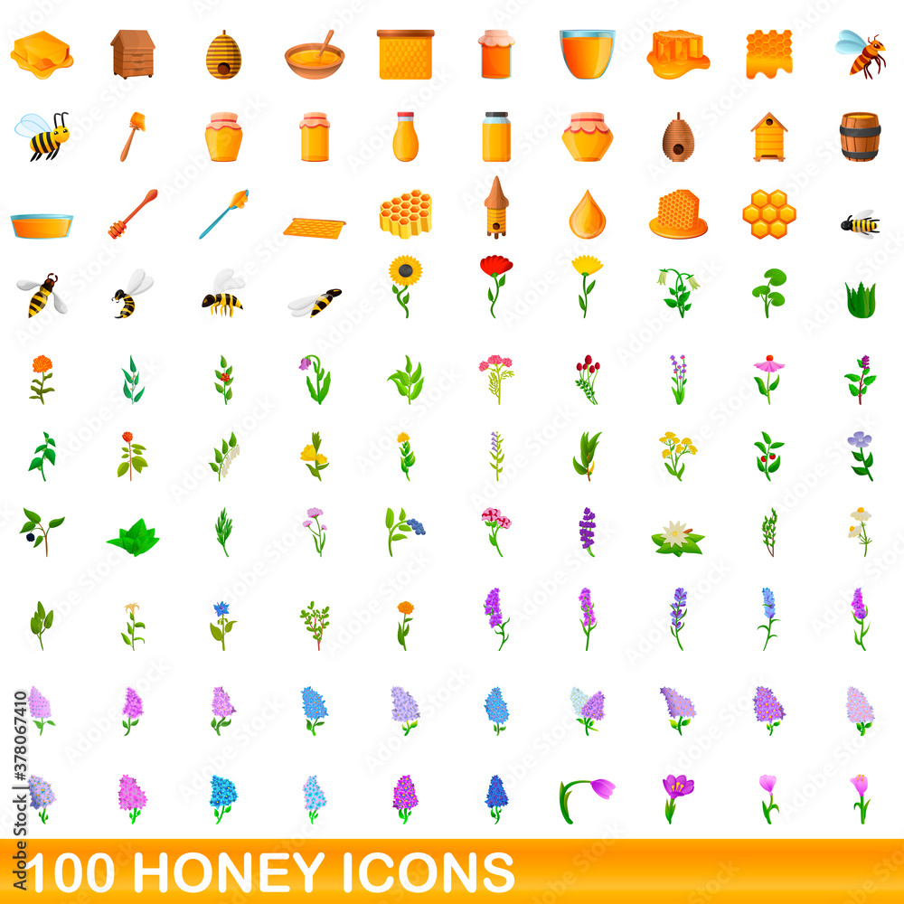 100 honey icons set. Cartoon illustration of 100 honey icons vector set ...