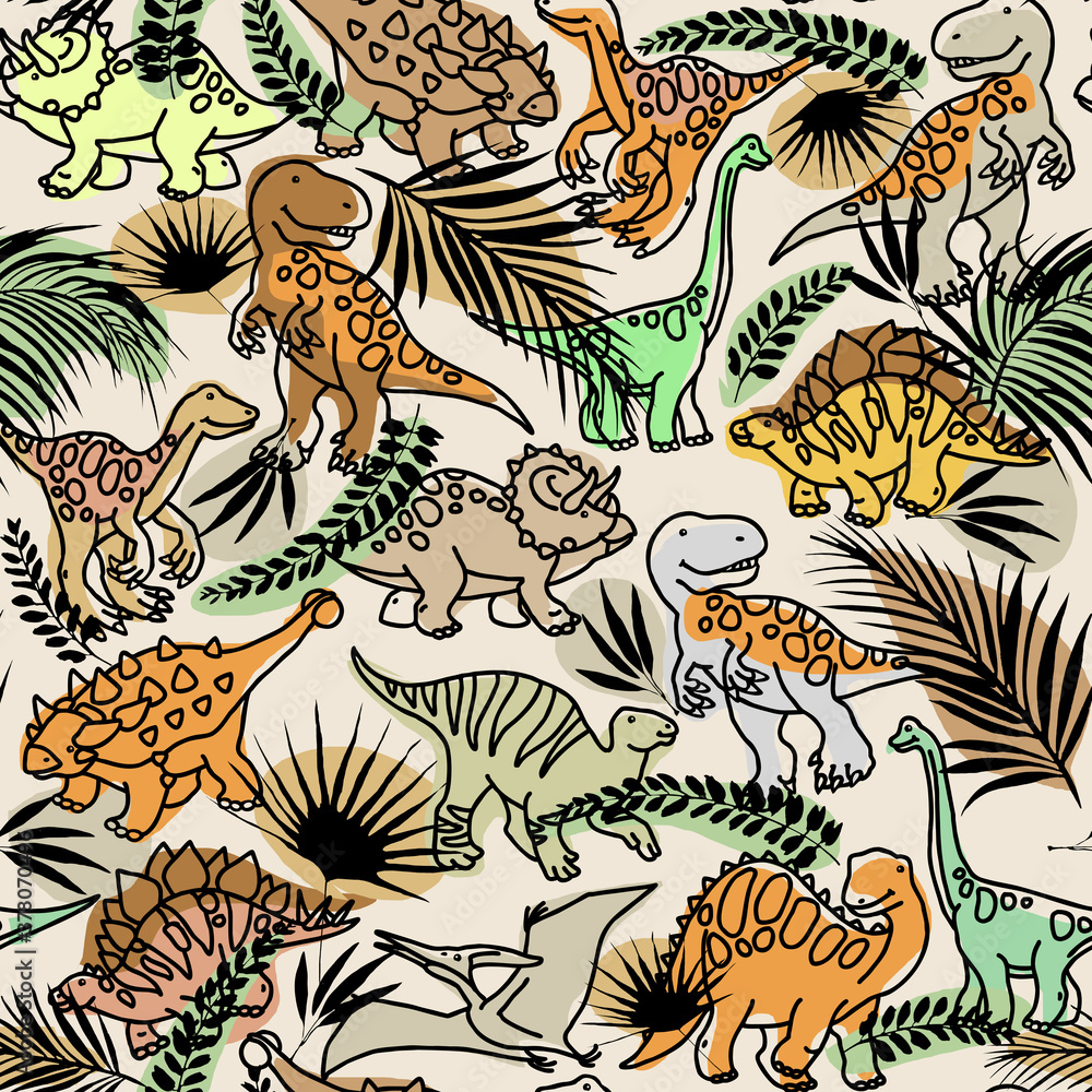 cartoon Dinosaurs seamless pattern. hand-drawn prehistoric animals ...