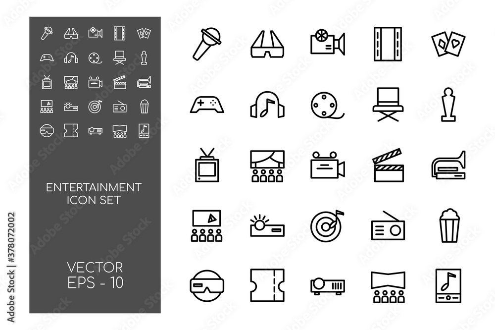 Entertainment Icon Set with Line Concept Isolated on White Background ...