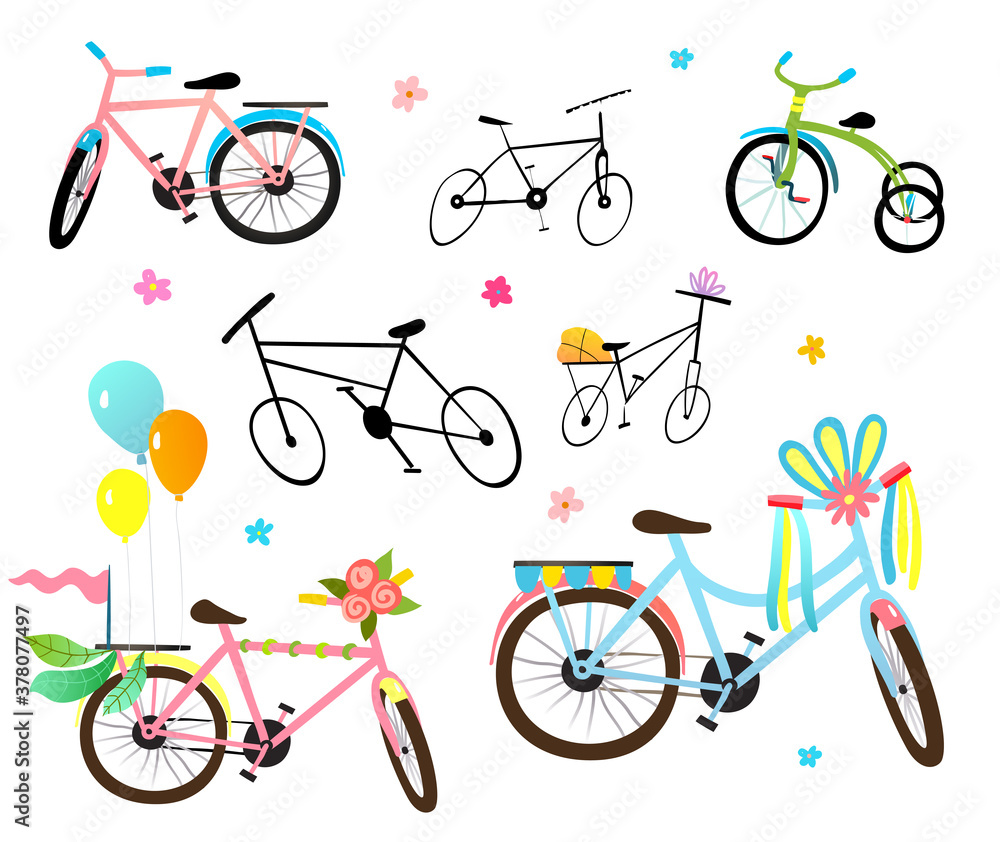 Funny decorated bicycles hand drawn collection, colorful clipart for ...
