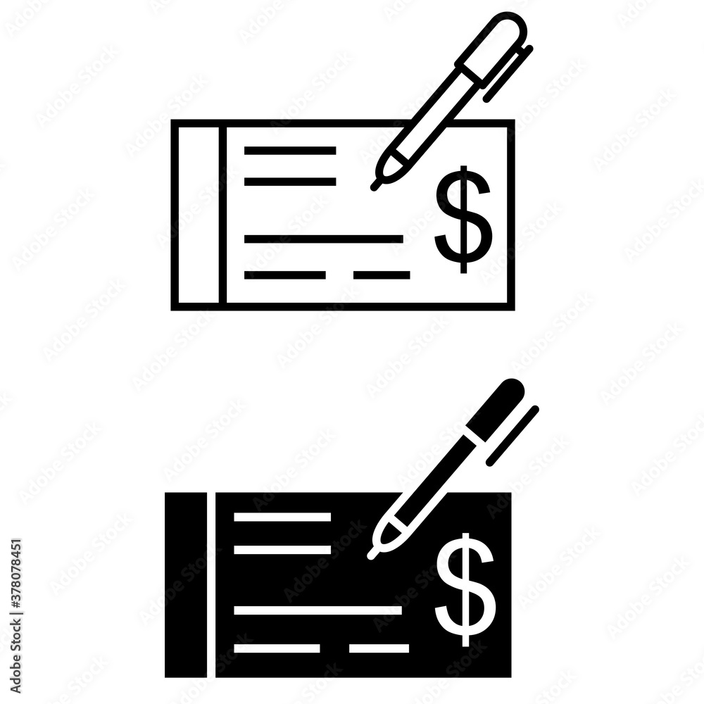 Cheque and pen icon vector set. paycheck illustration sign collection ...