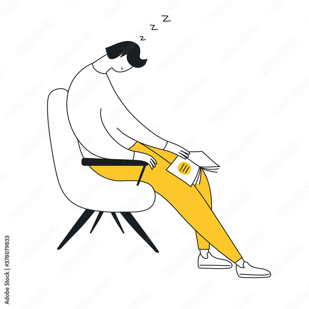 Cute cartoon young man with a book sleeping or napping in an armchair ...