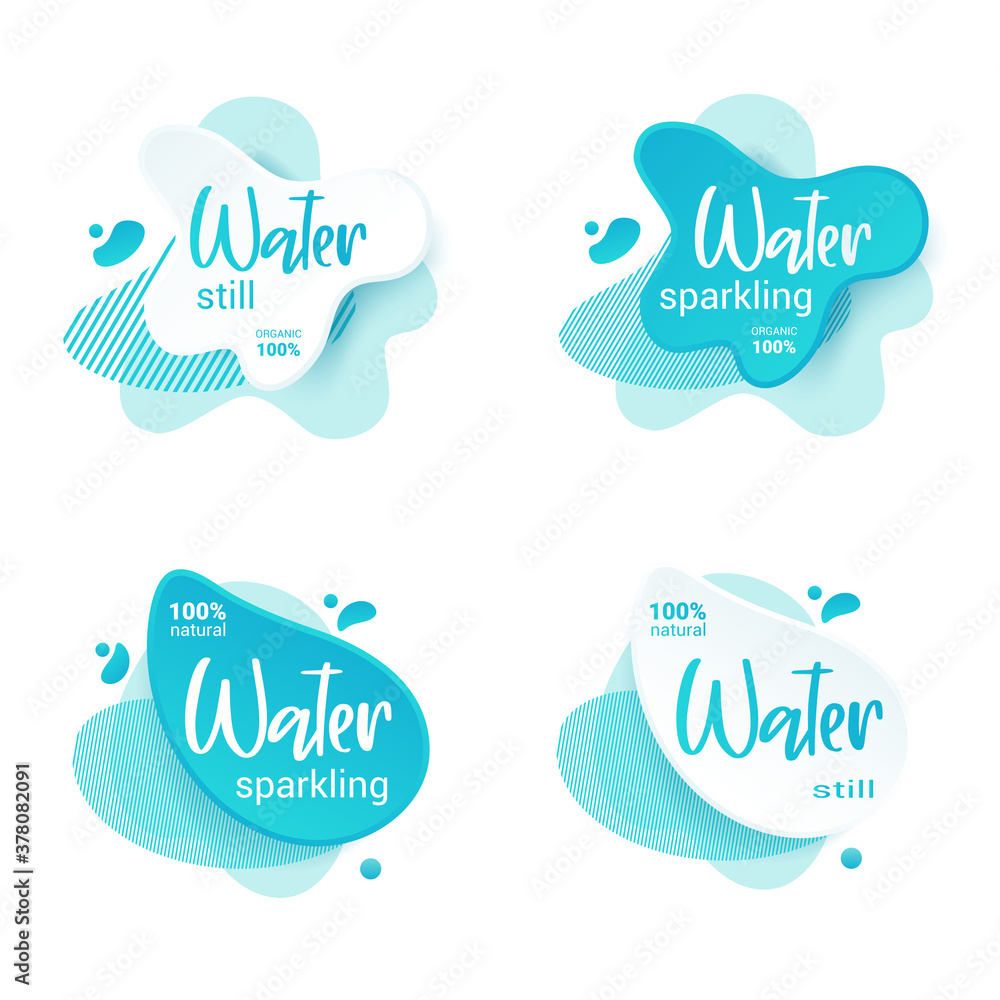 Mineral water tag. Blue label and stikers emblem with drops of water ...