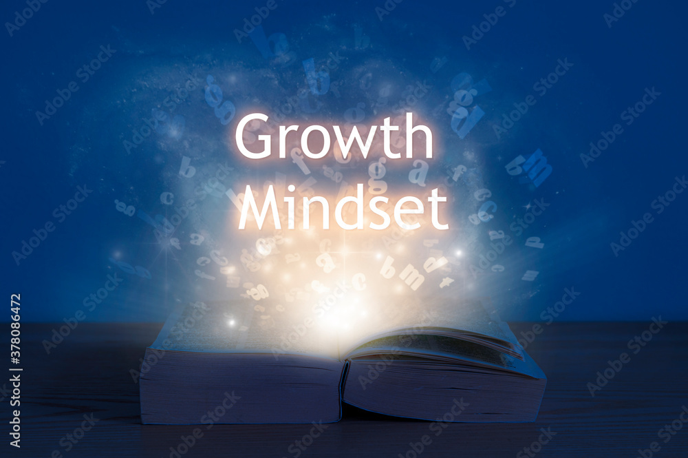 Growth mindset, education concept. Light coming from open book with ...