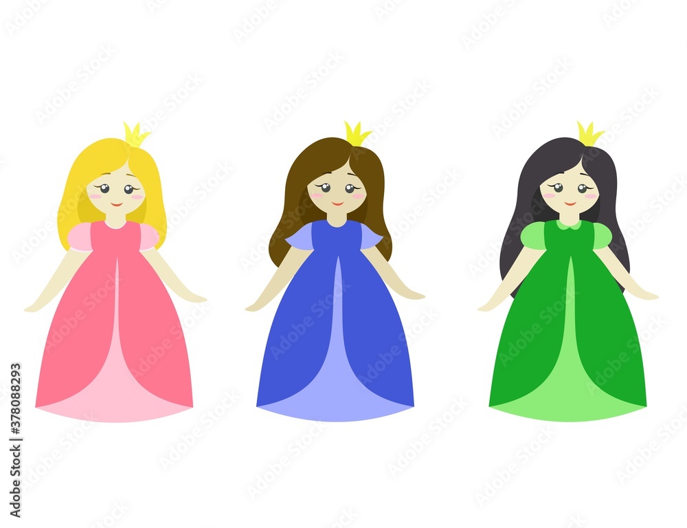 Three cartoon princess in flat style. Vector girls with crowns. Set of ...