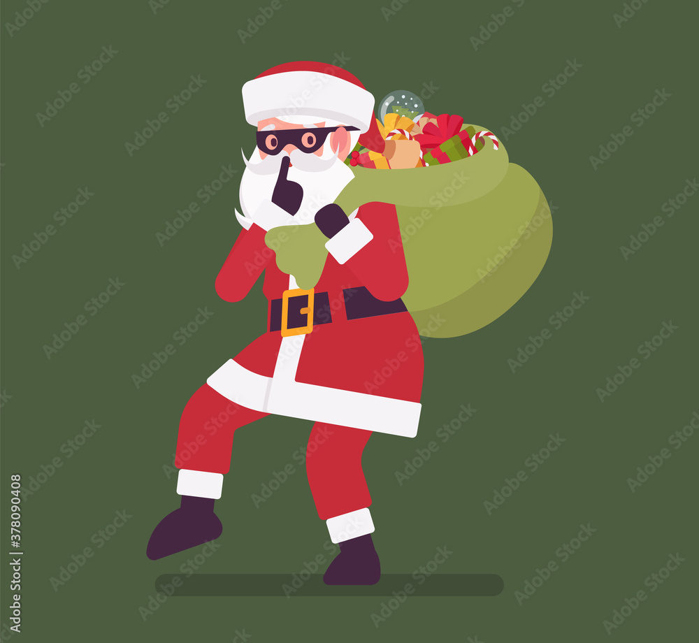 Secret Santa Claus making hush gesture, moving slowly with sack ...