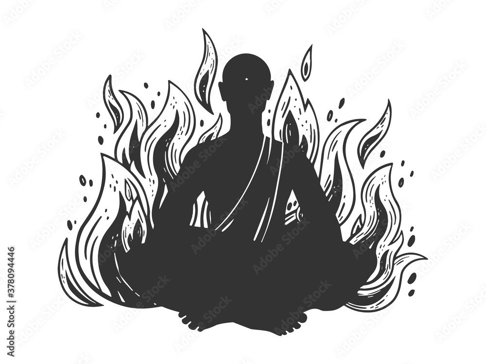 burning in fire flame meditating monk sketch engraving vector ...