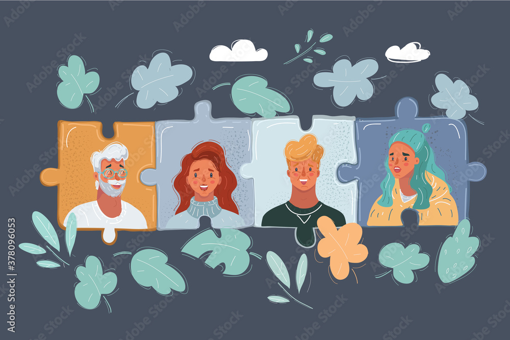 Vector illustration of project team with puzzles, jigsaw. Peope face ...