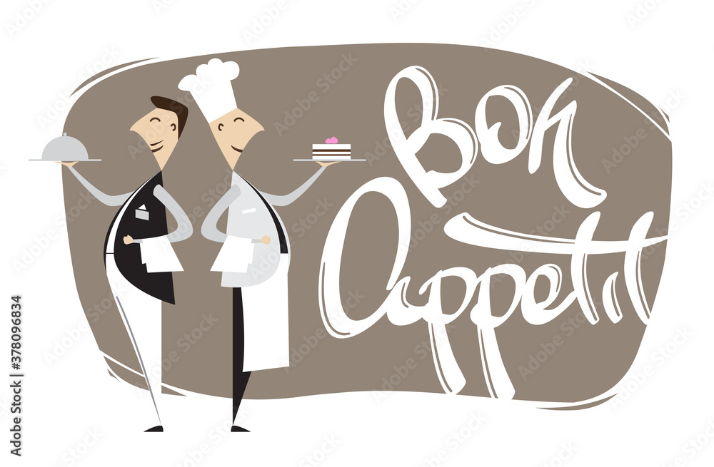 Vector Cartoon scene with waiter, chef and hand lettering of Bon ...