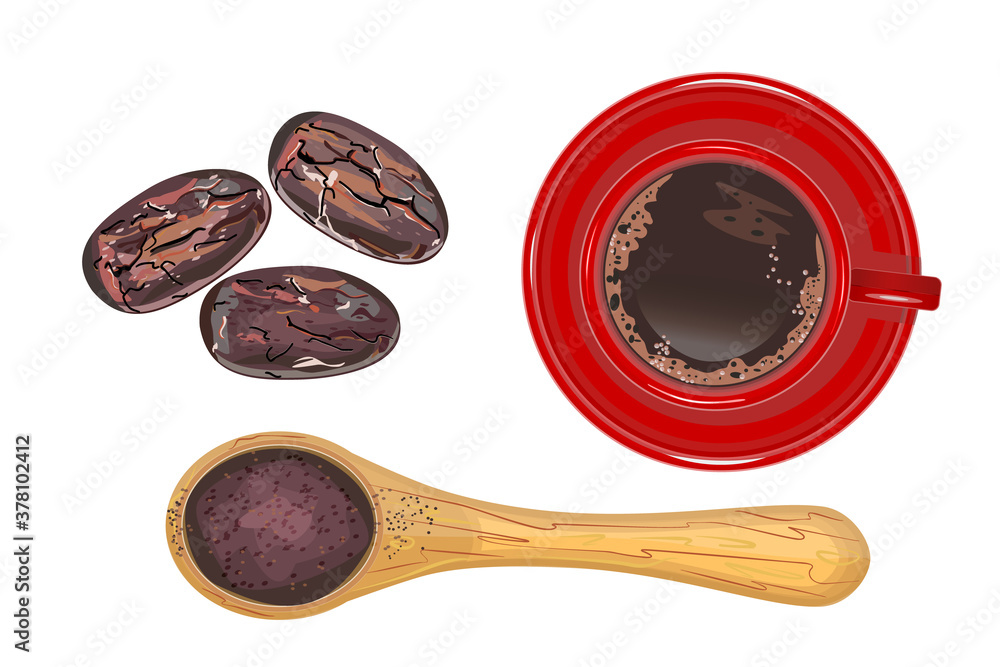 Set of cocoa. Cocoa powder, wooden spoon, cacao beans and cup of hot ...