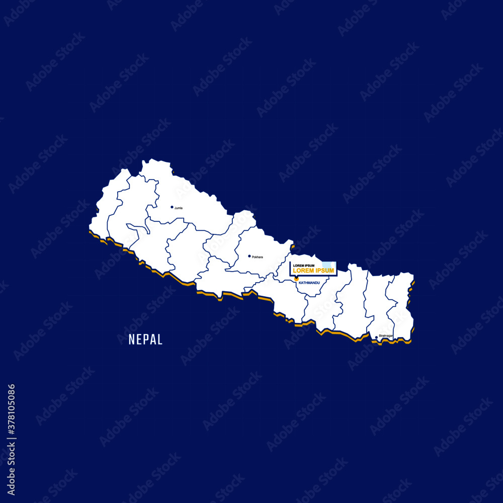 Vector map of Nepal with border, cities and capital Kathmandu. Each ...