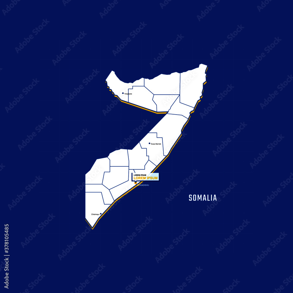 Vector map of Somalia with border, cities and capital Mogadishu. Each ...