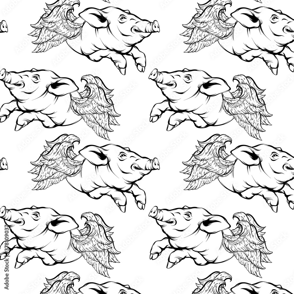 Vector pattern with hand drawn illustration of pig's heads with wings ...