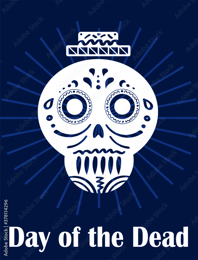 Latin Celebration Day of the dead poster. Ornate white sugar skull on ...
