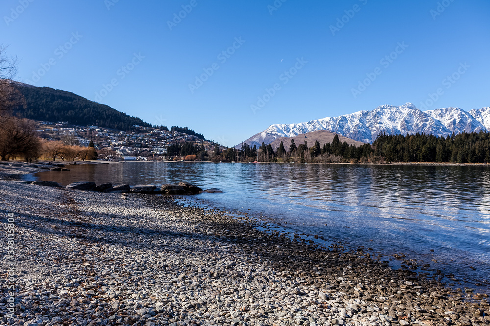 Views of the Remarkables behind Queenstown golf course on the right and ...