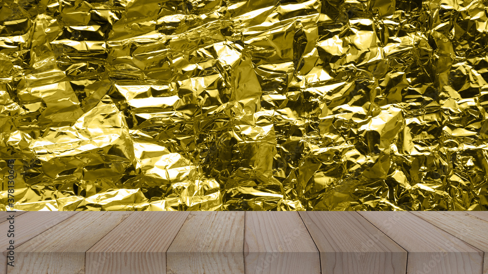 wood table on gold aluminium foil texture background for product ...