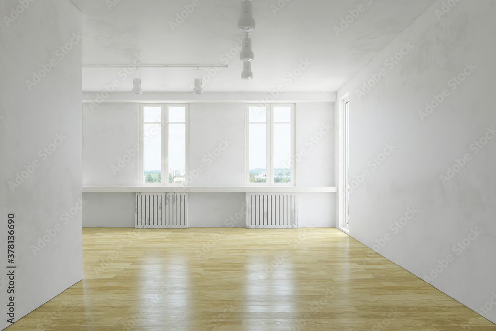 Contemporary blank room interior with old dirty wall and wooden floor ...