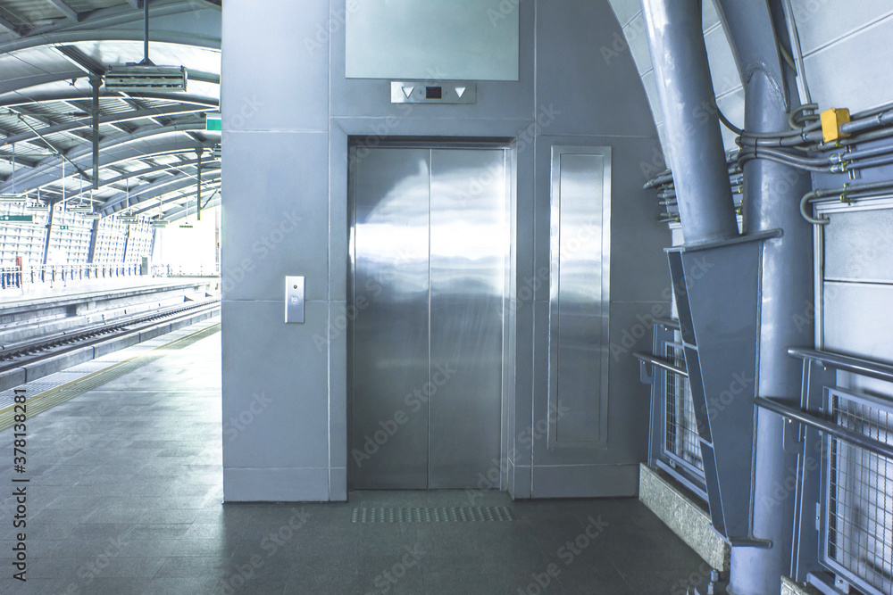 freight elevator Electric train building. Metal armored sliding door ...