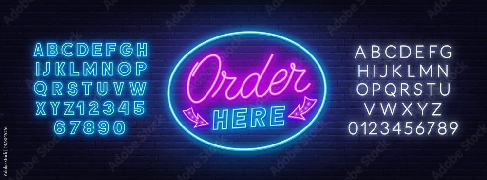 Order here neon sign on brick wall background. White and blue neon ...