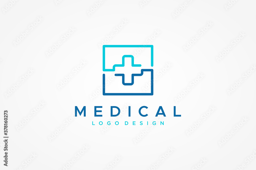 Healthcare Medical Logo. Blue Square Line with Geometric Cross Sign ...