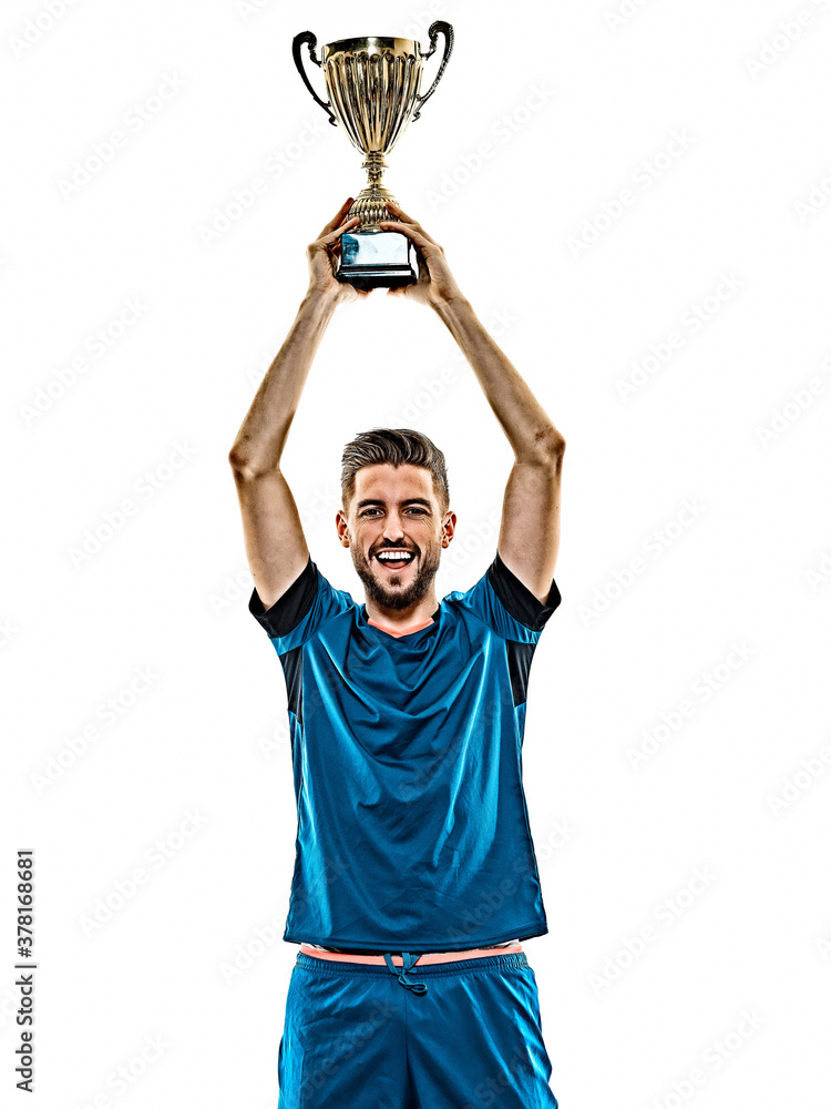 one caucasian youg soccer player man standing in studio isolated on ...