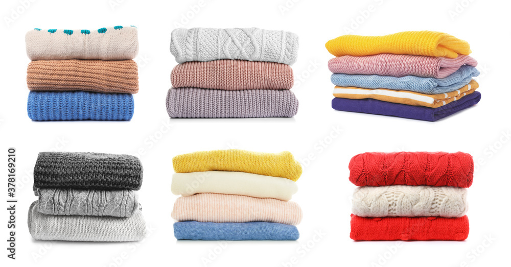 Set of folded and stacked sweaters on white background. Banner design ...