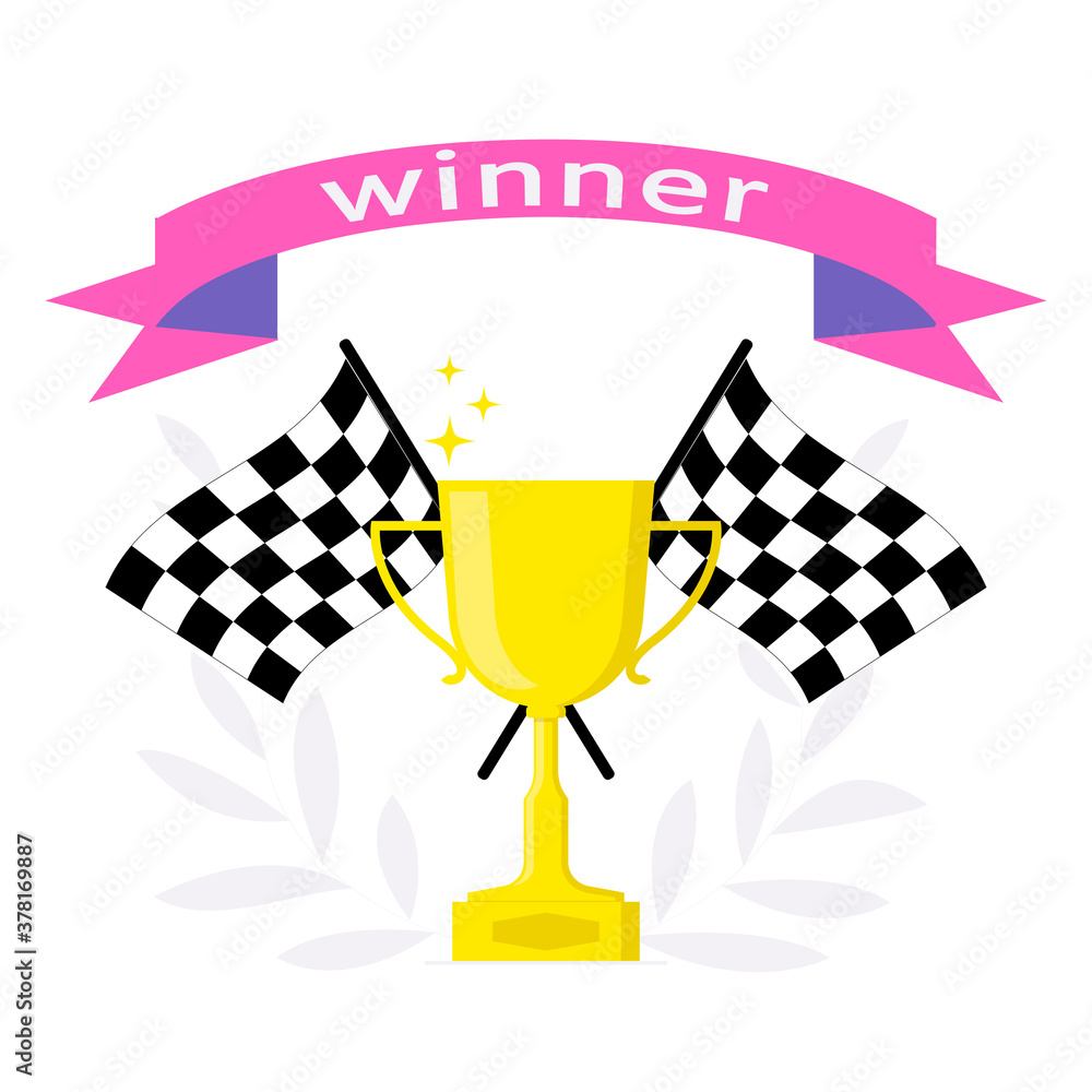 Golden trophy cup with finish flags and the winner ribbon with the ...