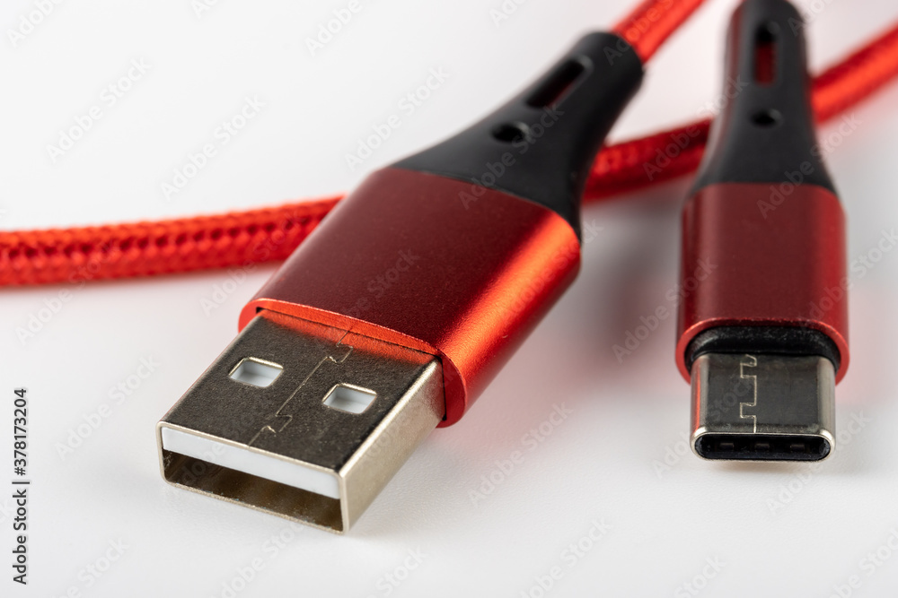 Red and black USB Type C Type A connectors with red cable closeup Stock ...