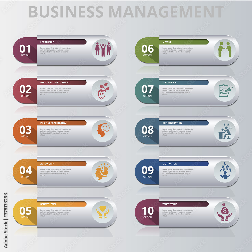 Infographic Business Management template. Icons in different colors ...