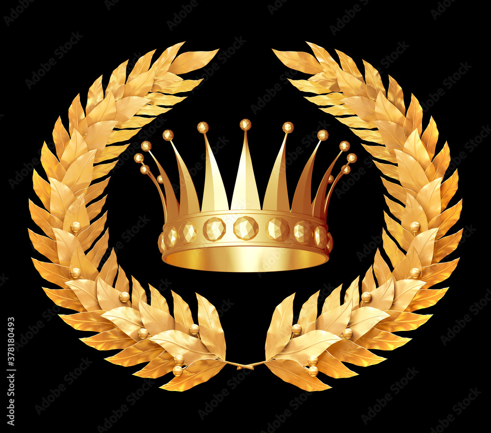 Golden Laurel wreath around the precious crown. 3D rendering and ...