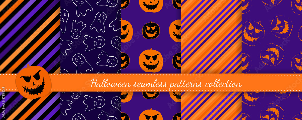 Halloween seamless patterns set. Vector collection of bright colorful ...
