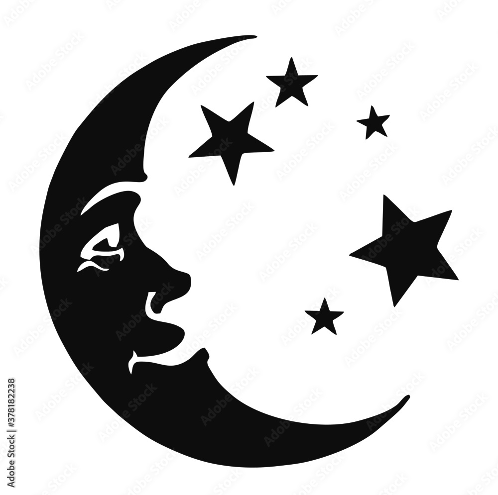 Vector icon of Crescent moon with face and stars Stock Vector | Adobe Stock
