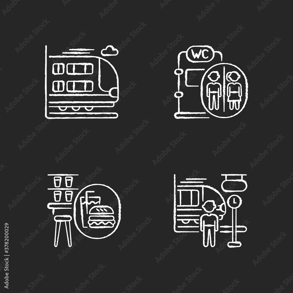 Railway services chalk white icons set on black background. Bilevel ...
