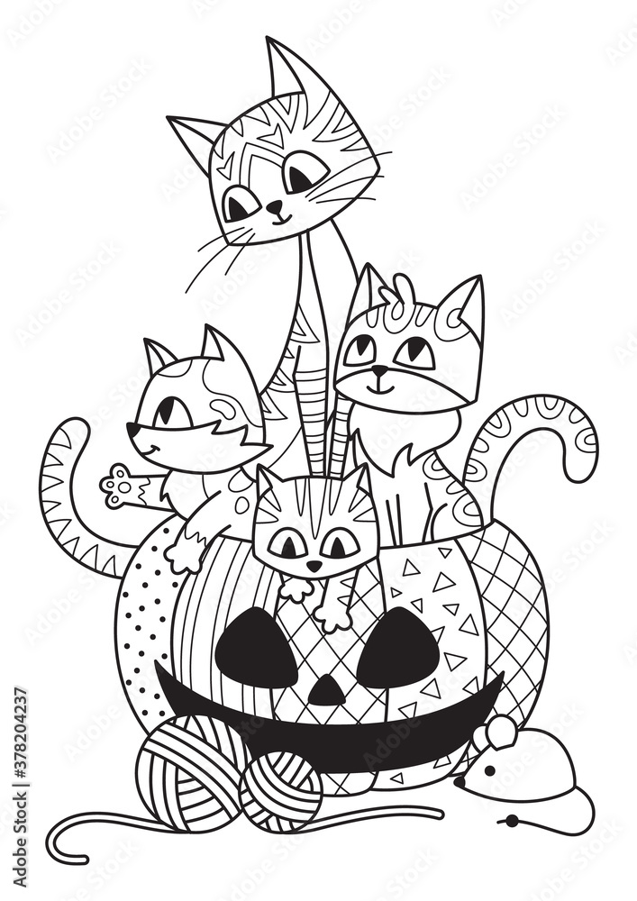 Halloween pumpkin and cats doodle coloring book page. Antistress for ...