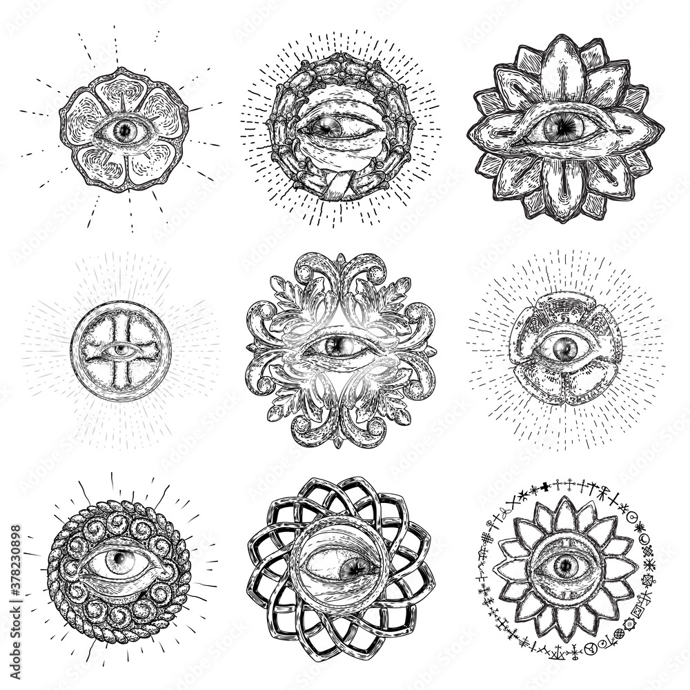 Set of various drawings of the All Seeing Eye in different directions ...
