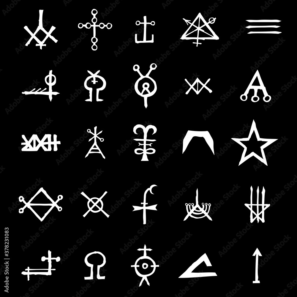 Set with mystic and occult symbols. Hand drawn and written alphabet ...