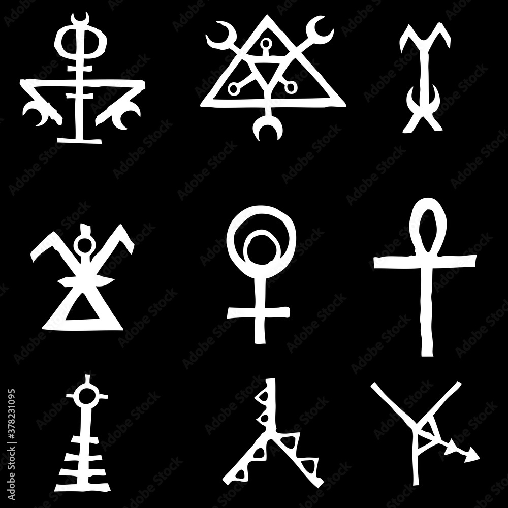 Set with mystic and occult symbols. Hand drawn and written alphabet ...