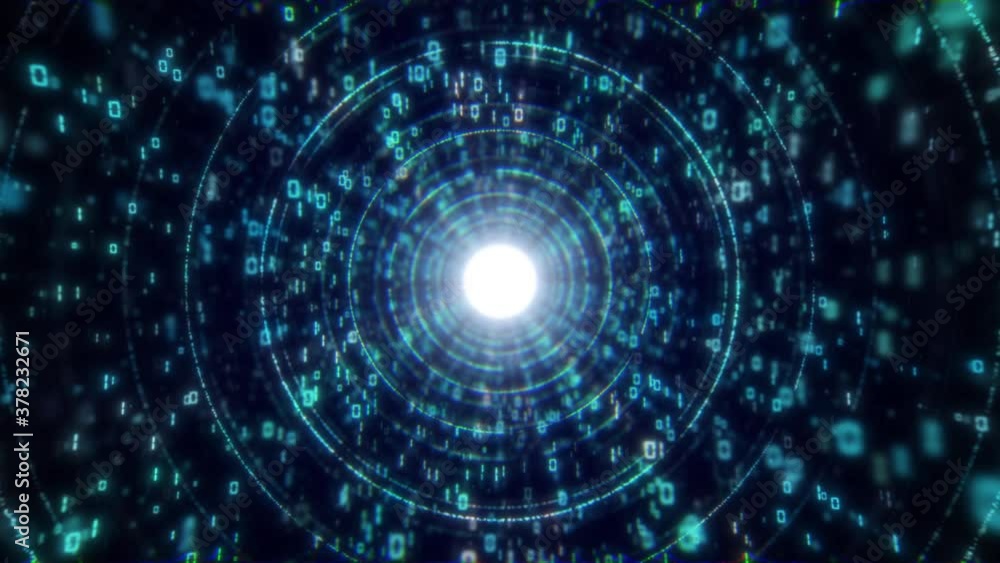 Abstract tunnel. Digital background, 3D rendering. Binary code particle network. Motion and ...