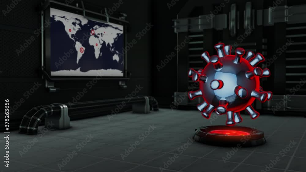 3D render of covid-19 virus model animation and alert crisis world map ...